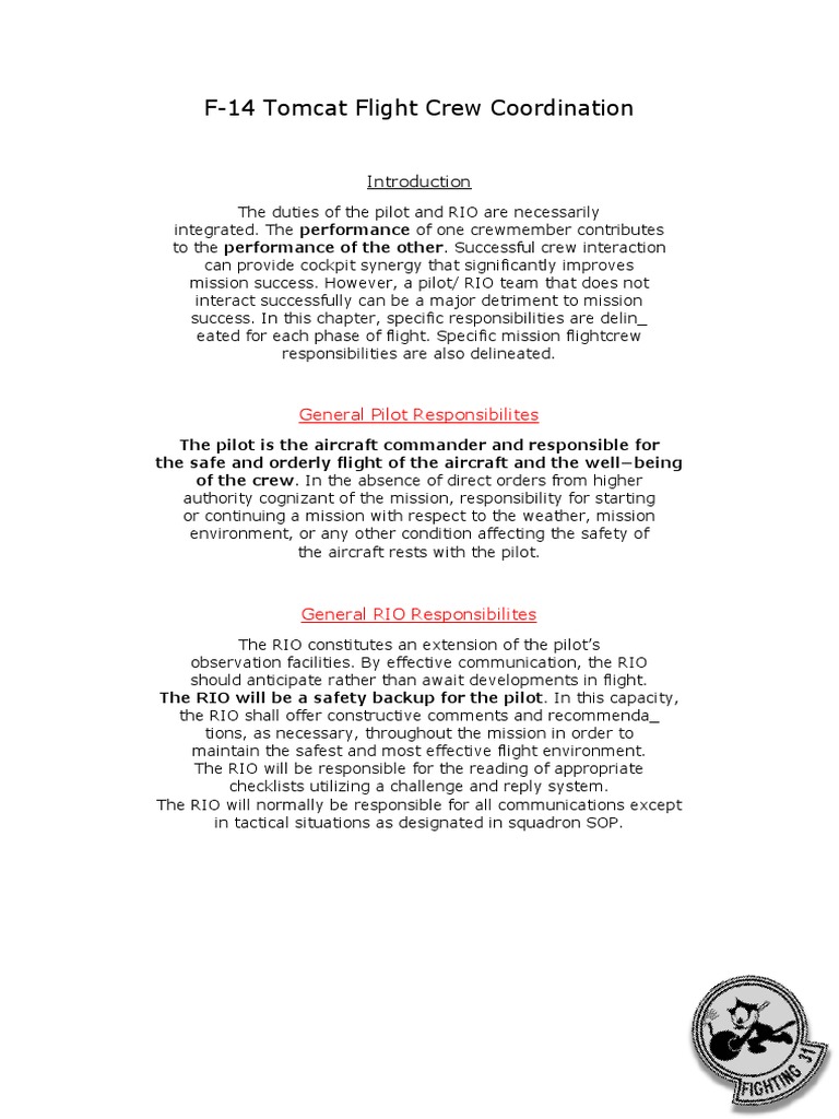 F-14 Tomcat Flight Crew Coordination: General Pilot Responsibilites ...