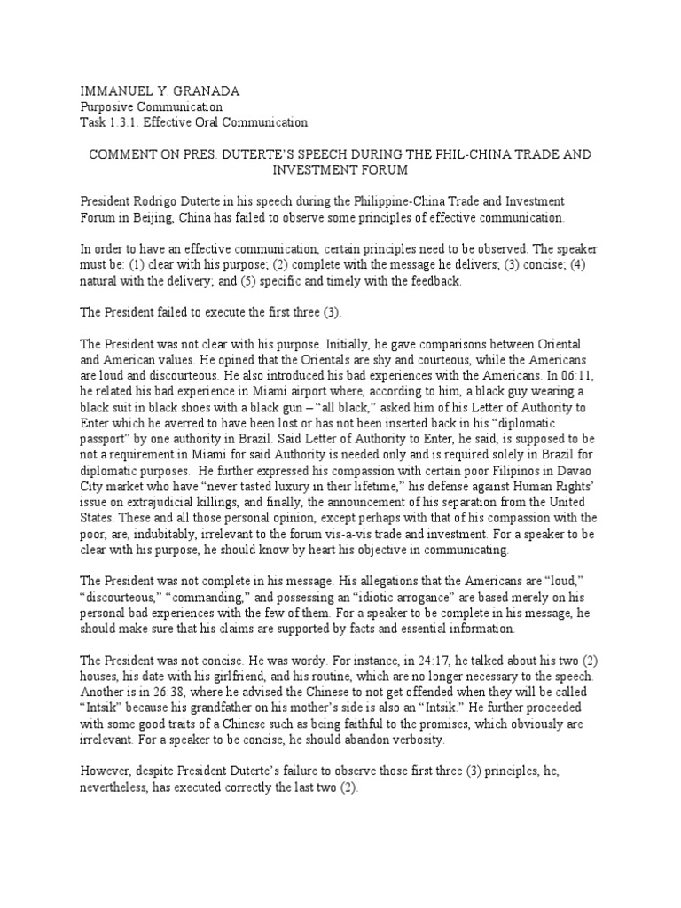 President Rodrigo Duterte in His Speech During The Philippine | PDF ...
