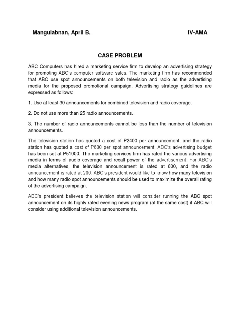 Mangulabnan - LINEAR PROGRAMMING CASE PROBLEM | PDF | Television ... Mangulabnan - LINEAR PROGRAMMING CASE PROBLEM | PDF | Television ...