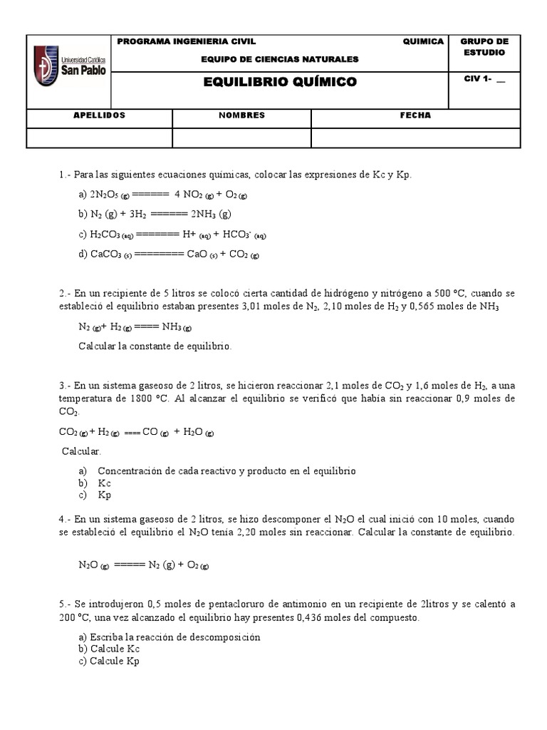 Ejercicios de Equilibrio Químico | PDF