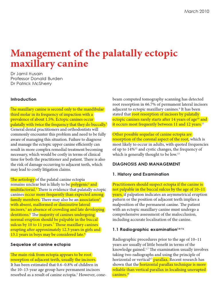 Management of The Palatally Ectopic Maxillary Canine PDF | PDF ...