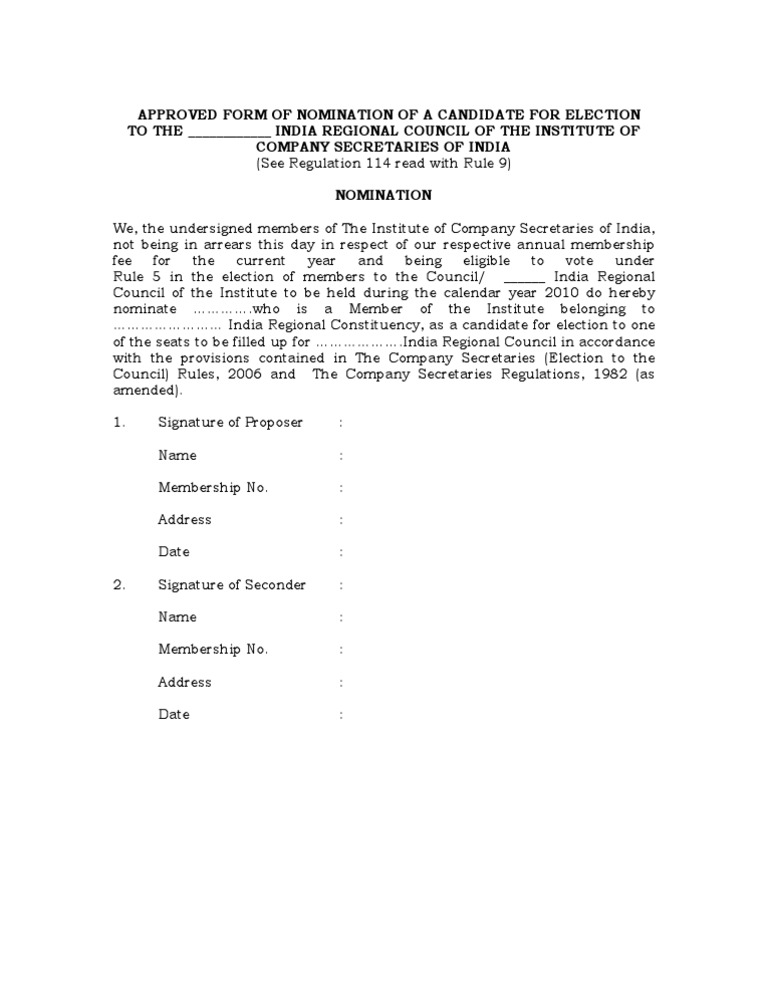 Candidate Nomination Form for ICSI Election | PDF | Finance & Money ...