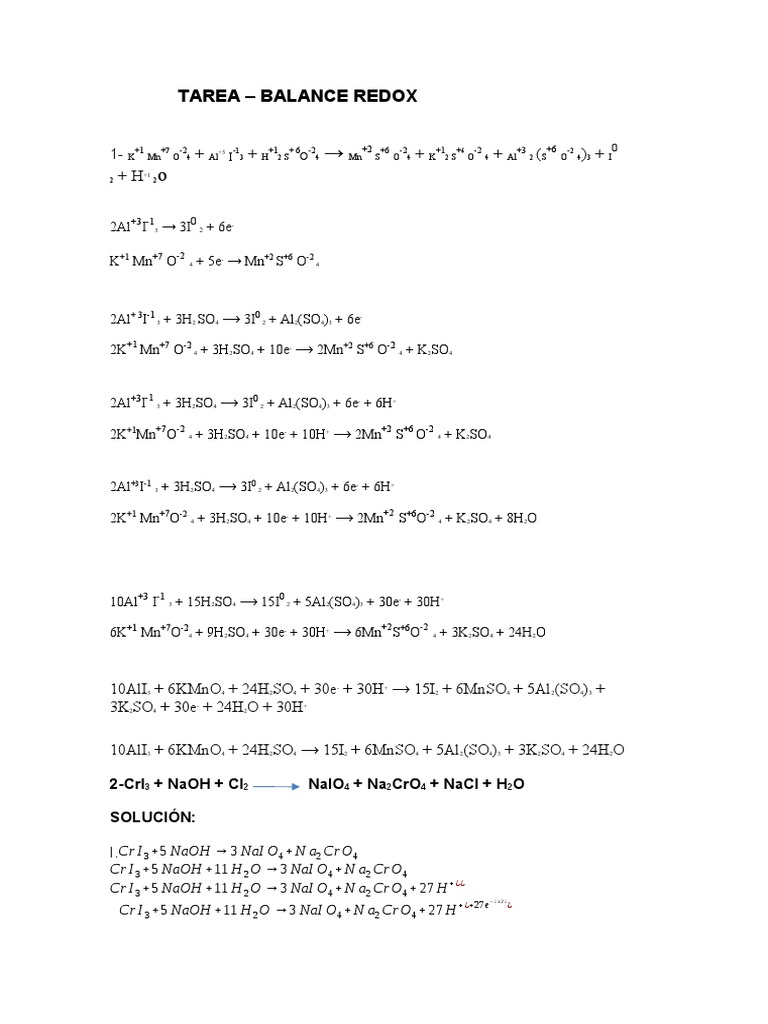 Tarea - Balance Redox: 2-Cri + Naoh + CL Naio + Na Cro + Nacl + H O Solución | PDF