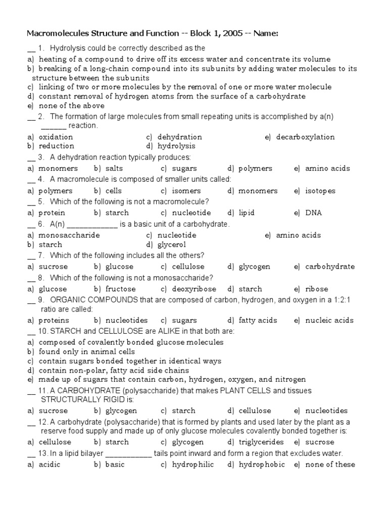 Macromolecules Structure and Function Quiz | PDF | Carbohydrates ...