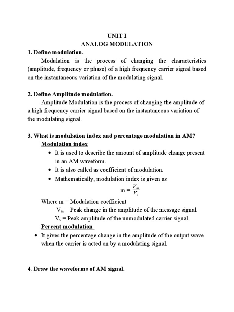 Unit I Analog Modulation 1. Define Modulation | PDF | Frequency Modulation | Modulation