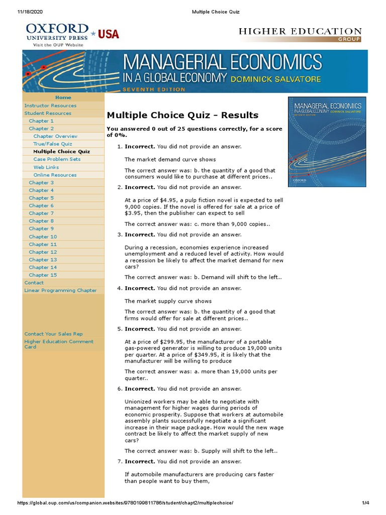 Multiple Choice Quiz | PDF | Economic Equilibrium | Supply (Economics)