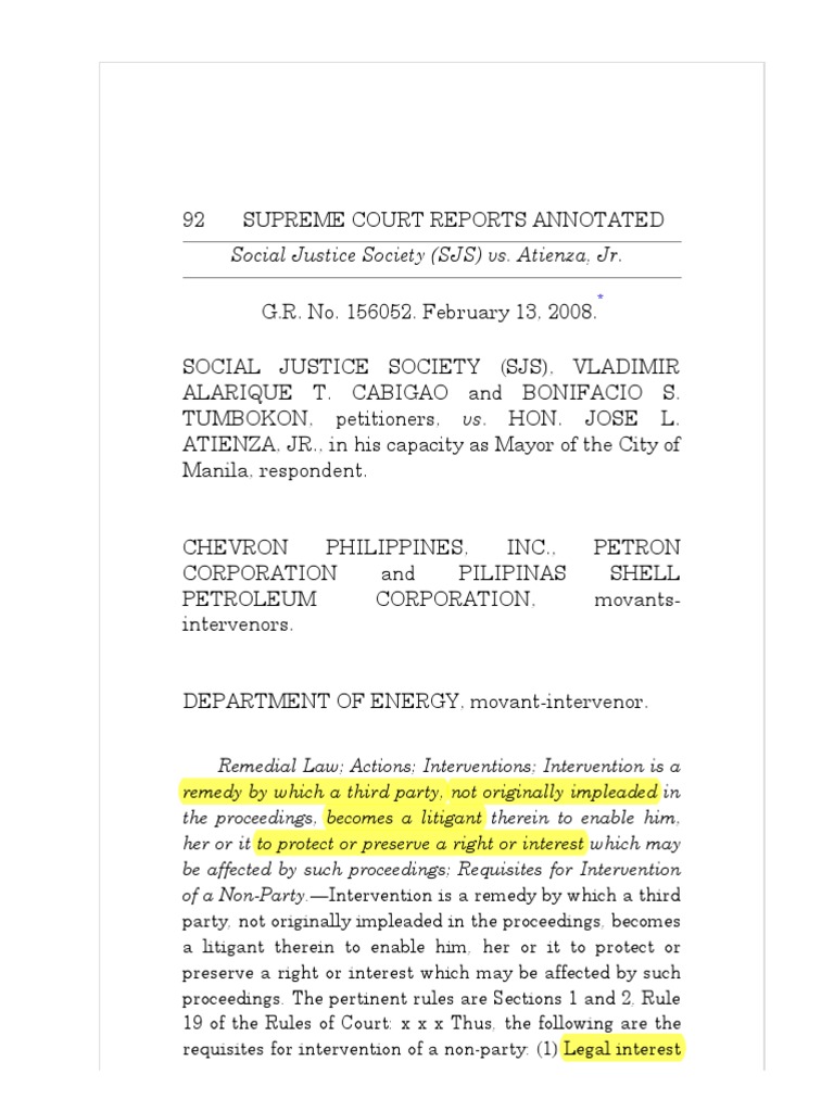 SJS Vs Atienza | Download Free PDF | Intervention (Law) | Police Power ...