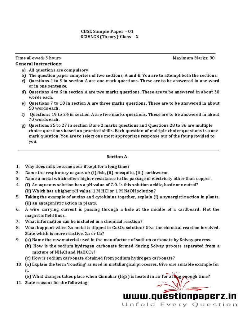 CBSE 10th Science Sample Paper 1 | Download Free PDF | Chlorine ...