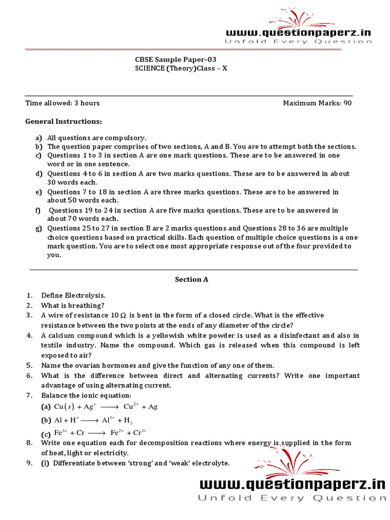 CBSE 10th Science Sample Paper 2 | PDF | Alloy | Electric Current