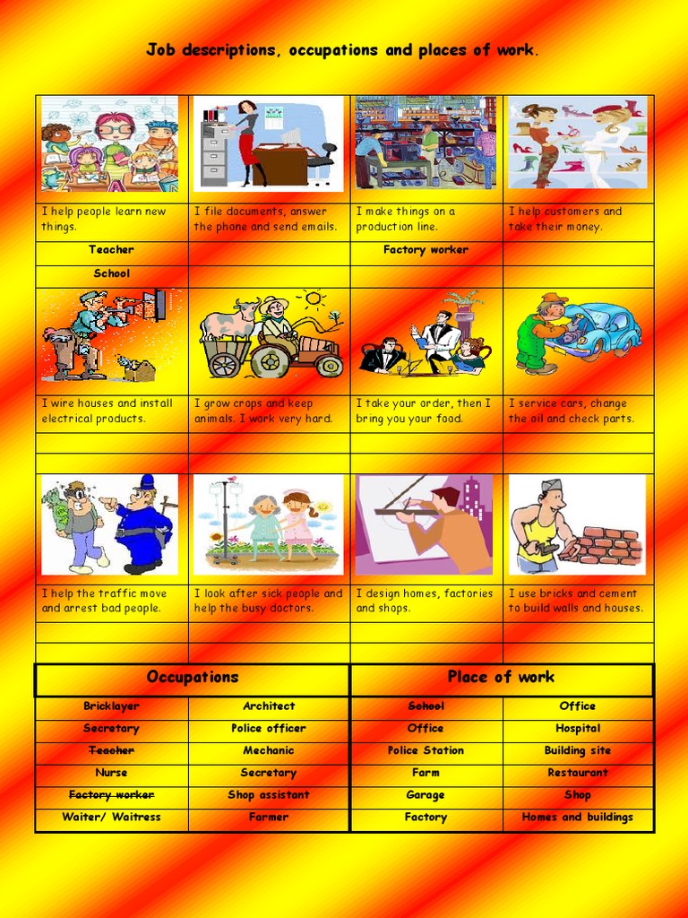 Job Descriptions Occupations and Places of Work Fun Activities Games ...