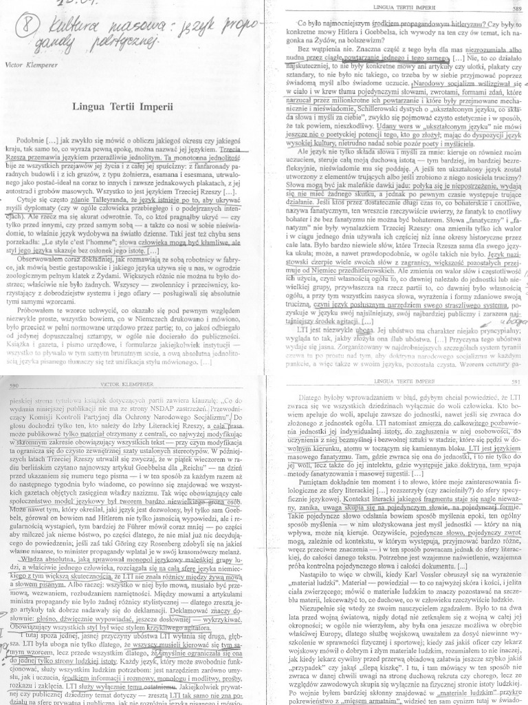 Klemperer, Victor - Lingua Tertii Imperii (LTI) - Notatnik Filologa | PDF