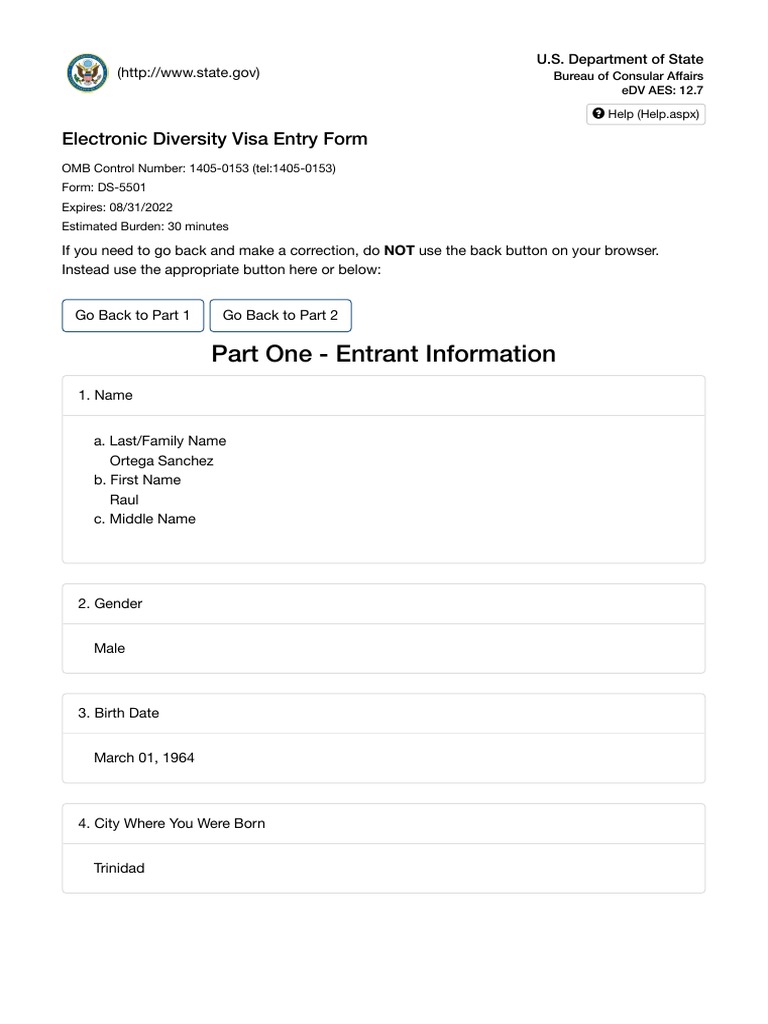 Part One - Entrant Information: Electronic Diversity Visa Entry Form ...