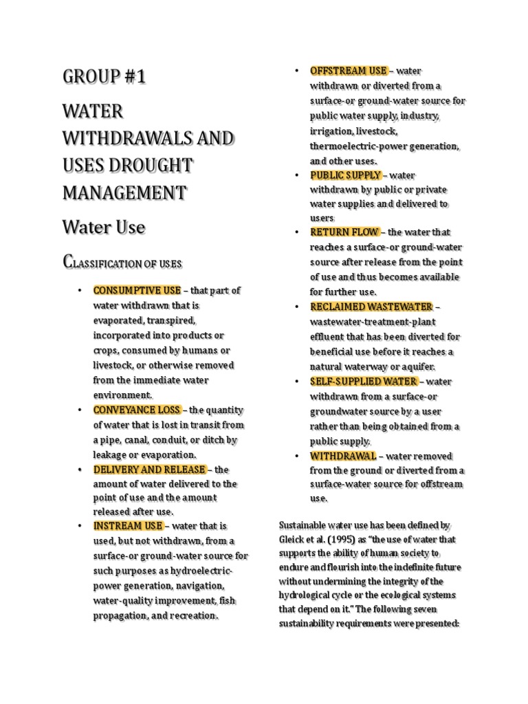 Group #1 Water Withdrawals and Uses Drought Management Water Use C ...