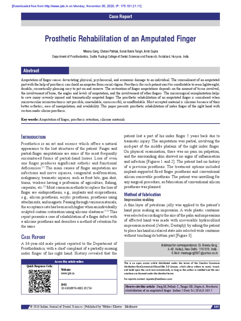 Prosthetic Rehabilitation of An Amputated Finger: Case Report | PDF ...