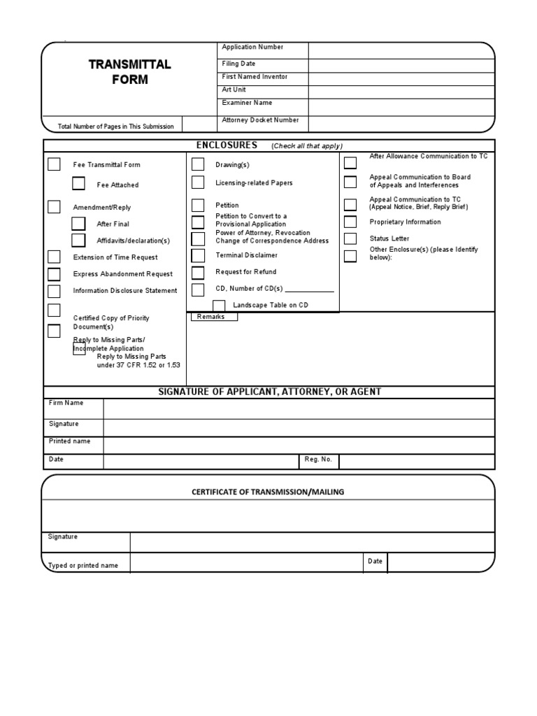 Transmittal Form: Enclosures | PDF | Provisional Application | Glossary ...
