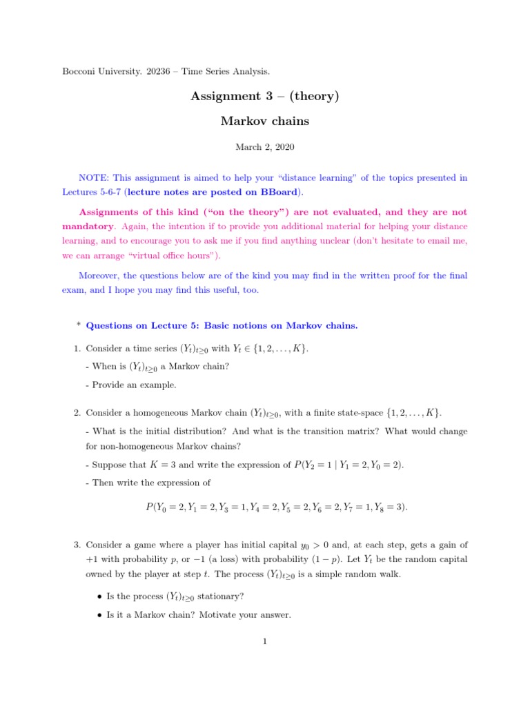 Assignment 3 - (Theory) Markov Chains: T T 0 T T T 0 | PDF | Markov Chain | Probability Theory