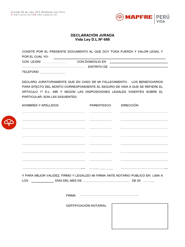 Declaración Jurada de Beneficiarios Vida Ley - Mapfre1 | PDF