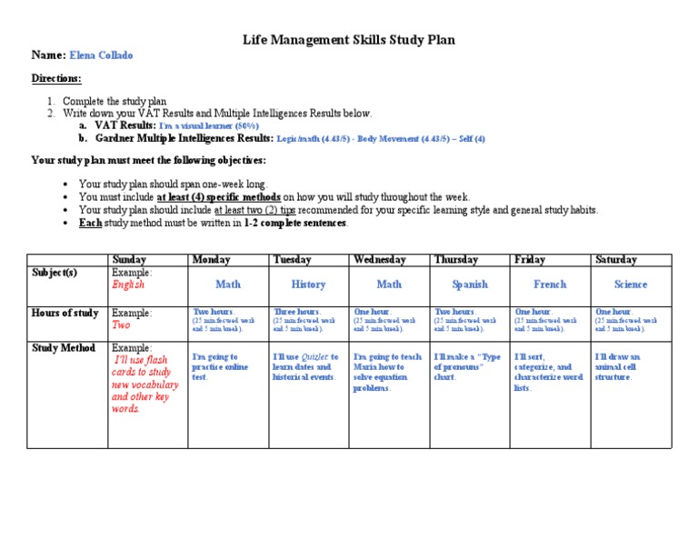 Life Management Skills Study Plan: Name | PDF