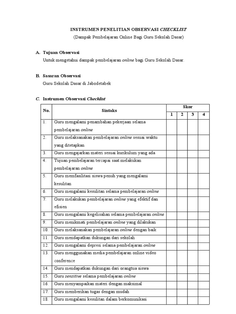 Instrumen Penelitian Observasi Checklist | PDF