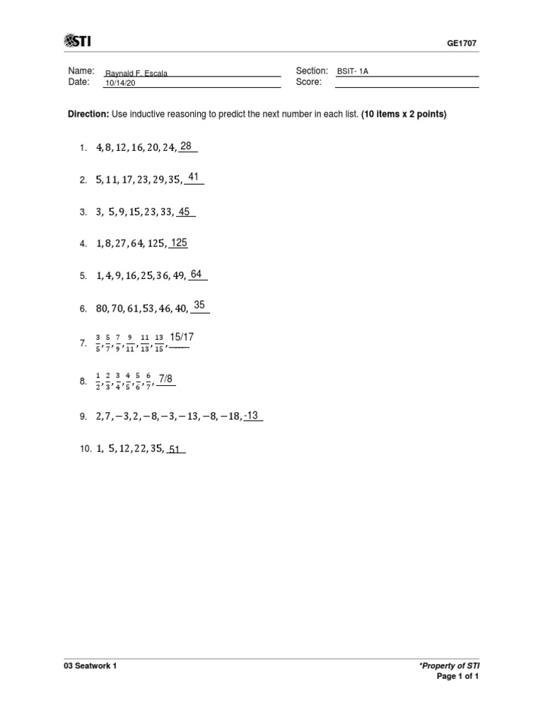 Direction: Use Inductive Reasoning To Predict The Next Number in Each List. (10 Items X 2 Points ...