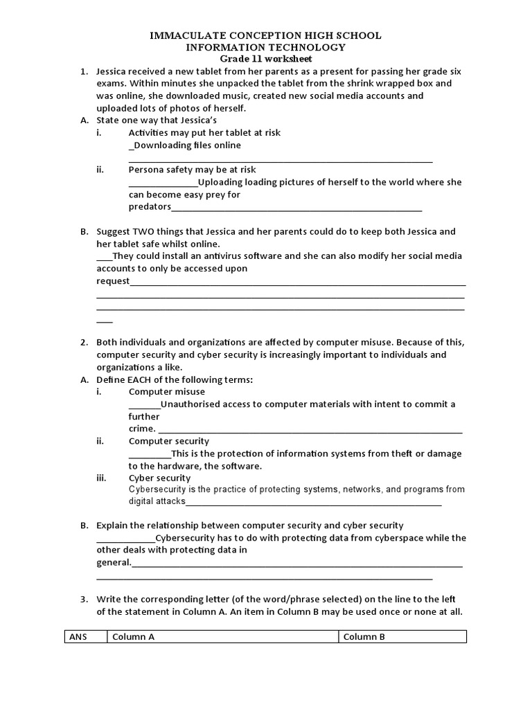 Cyber Security Worksheet Grade 11 | PDF | Computer Security | Security