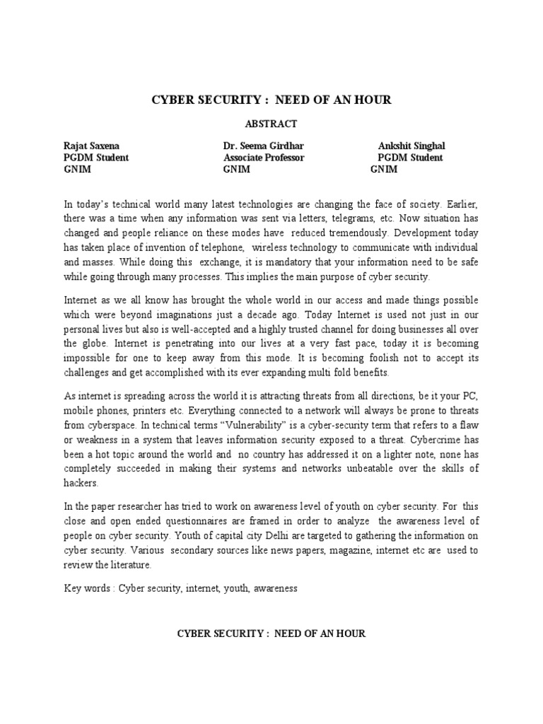 Research Paper On "Cyber Security: Need of An Hour" | PDF | Computer ...