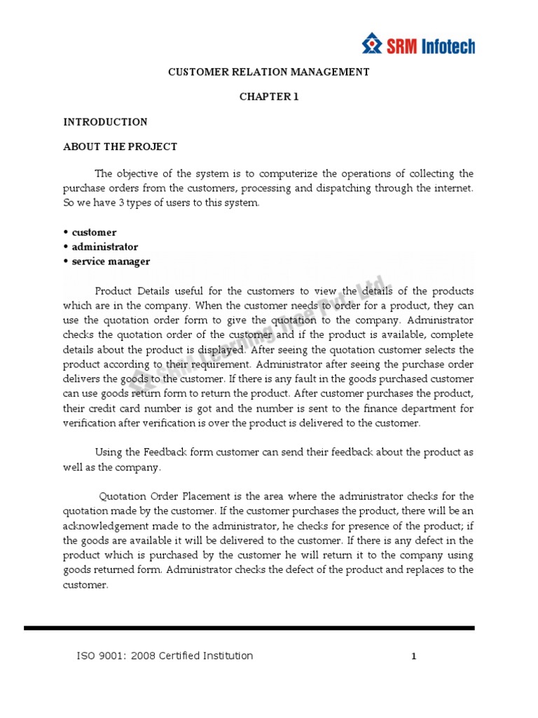 Customer Relation Management About The Project: ISO 9001: 2008 ...