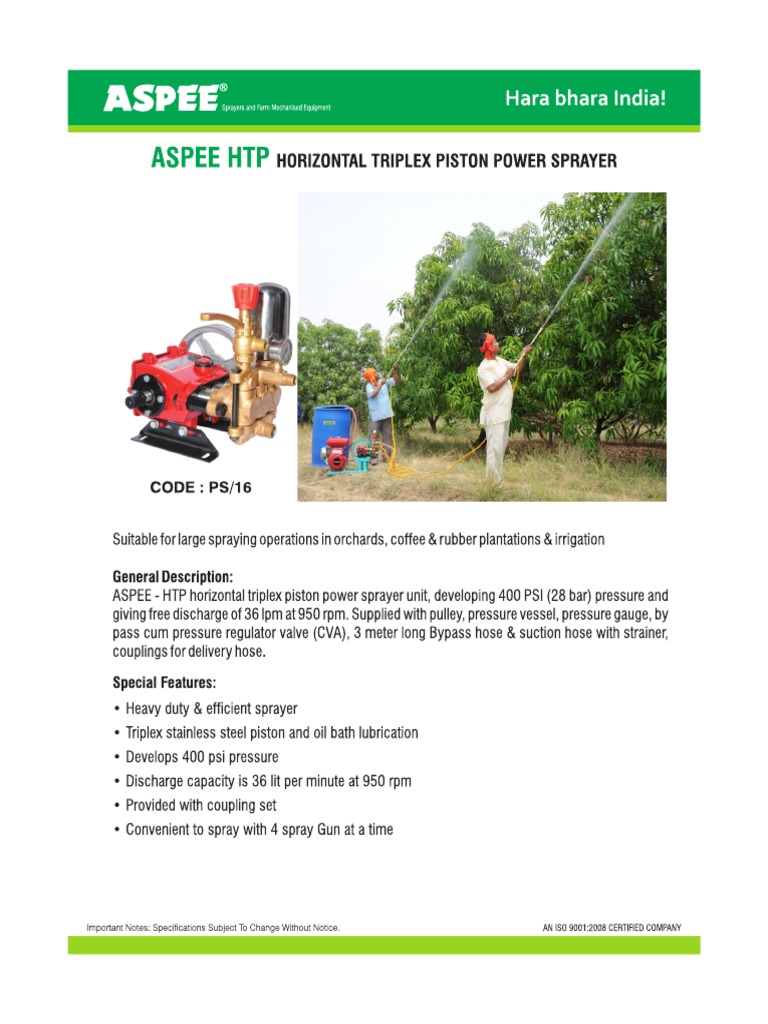 Aspee HTP Horizontal Triplex Piston Power Sprayer sp16 | PDF