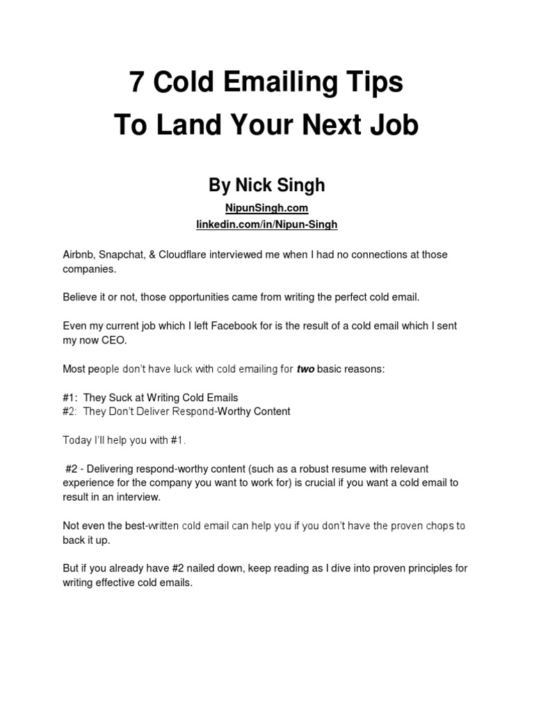 7 Cold Emailing Tips To Land Your Next Job: by Nick Singh | PDF ...