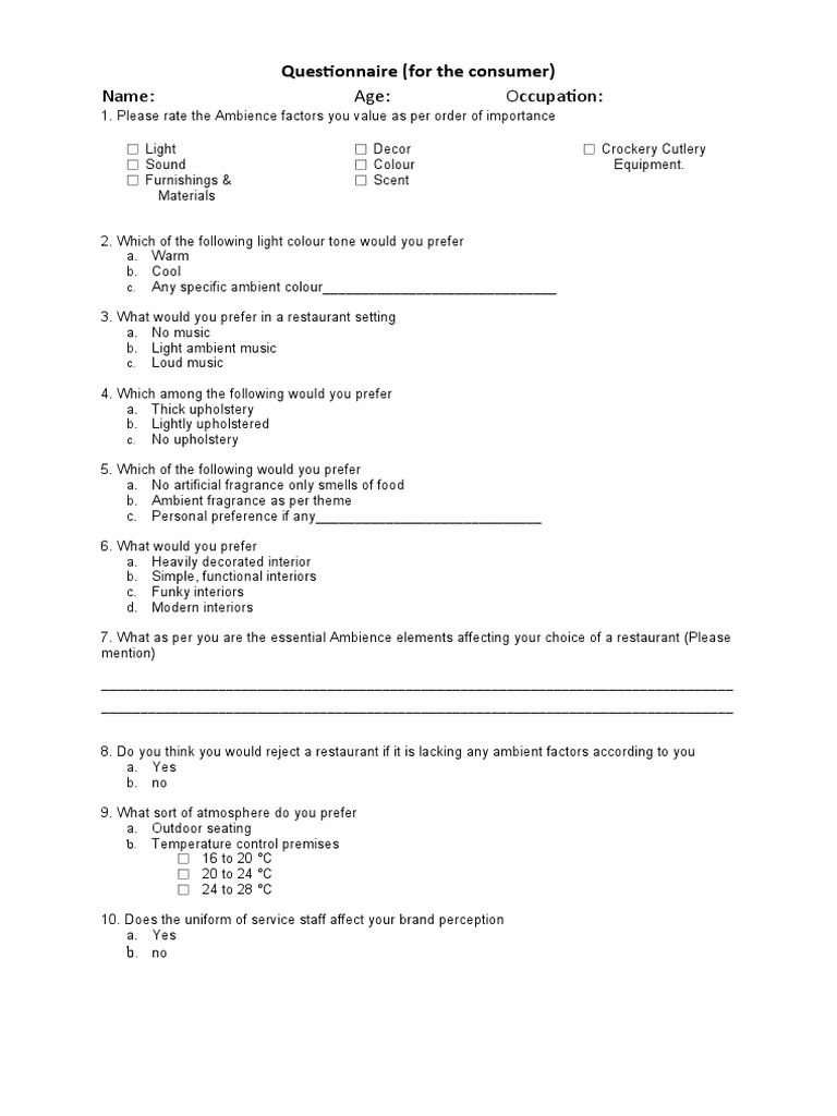 Consumer Sample Questionnaire | PDF