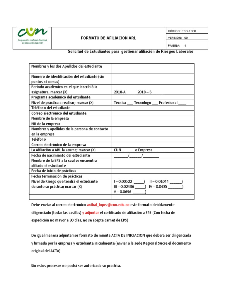 Formato de Afiliacion Arl | PDF