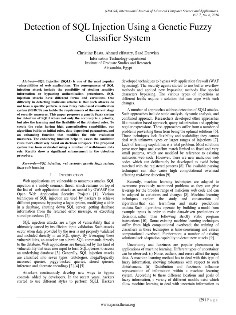 Paper 16-Detection of SQL Injection Using A Genetic Fuzzy Classifier System | PDF | Fuzzy Logic ...