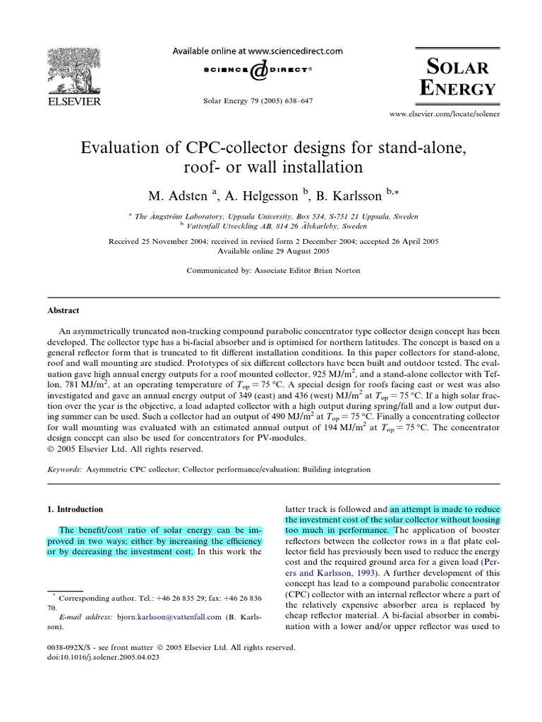 Evaluation of CPC-collector Designs For Stand-Alone, Roof-Or Wall ...