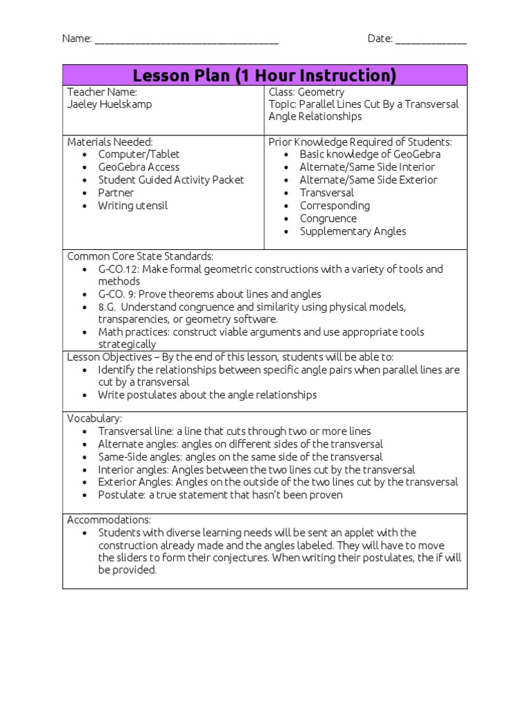 Lesson Plan Parallel Lines Cut by A Transversal | PDF | Angle | Axiom