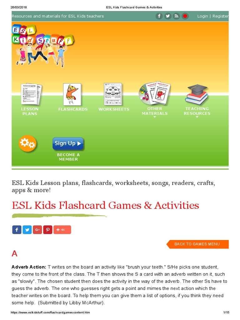 ESL Kids Flashcard Games - Activities 1 | PDF | English As A Second Or ...