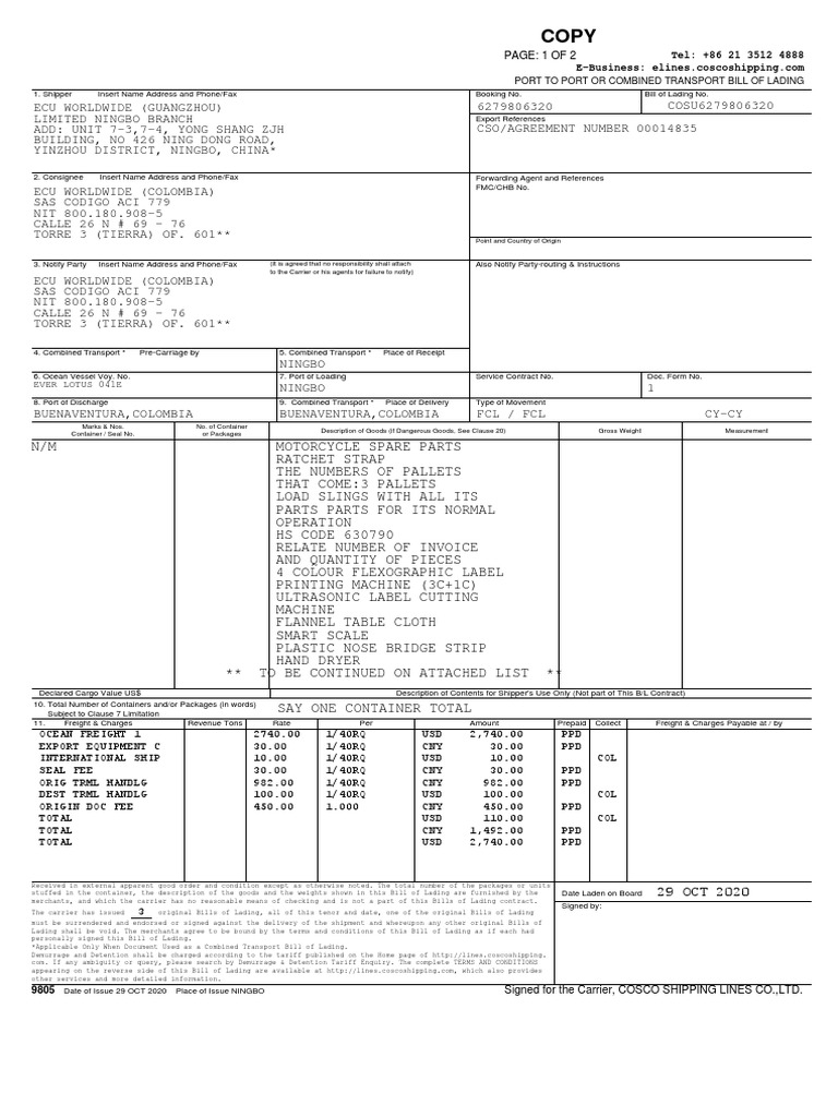 Ejemplo MBL Cosco | PDF | Cargo | Bill Of Lading