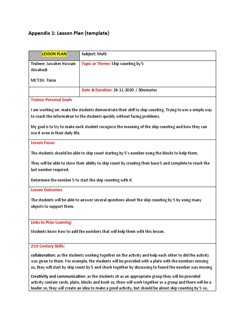 Appendix 1: Lesson Plan (Template) : Topic or Theme | PDF | Lesson Plan ...