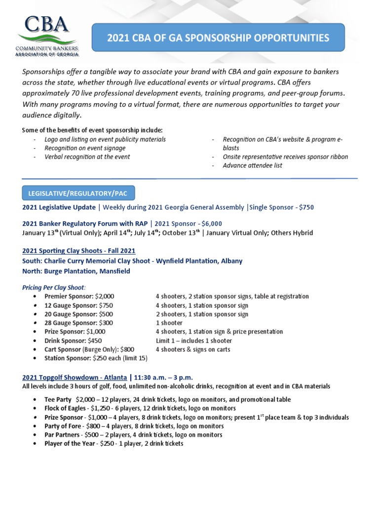 2021 CBA GA Sponsorship Outline | PDF | Business