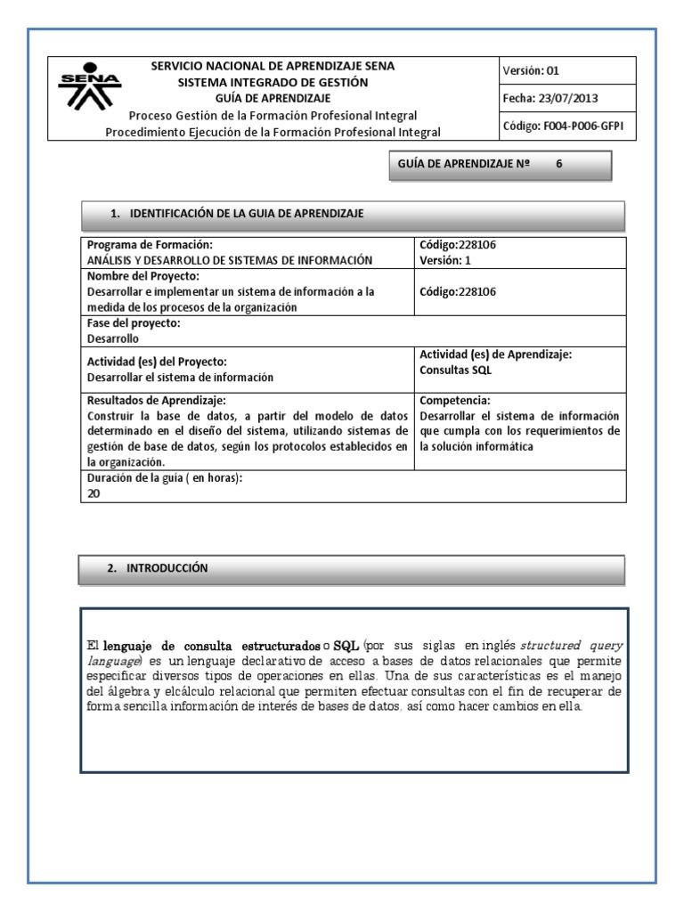 Guia de Aprendizaje 6 PDF | PDF | SQL | Base de datos relacional