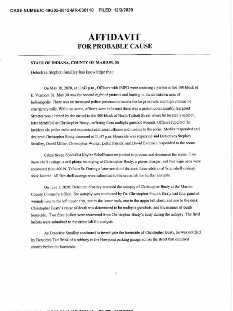 Affidavit For Probable Cause Case Number 49G02-2012-MR-036110 | PDF