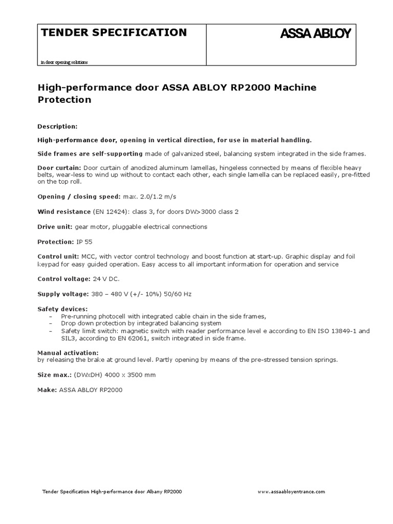 Tender Specification: High-Performance Door ASSA ABLOY RP2000 Machine ...
