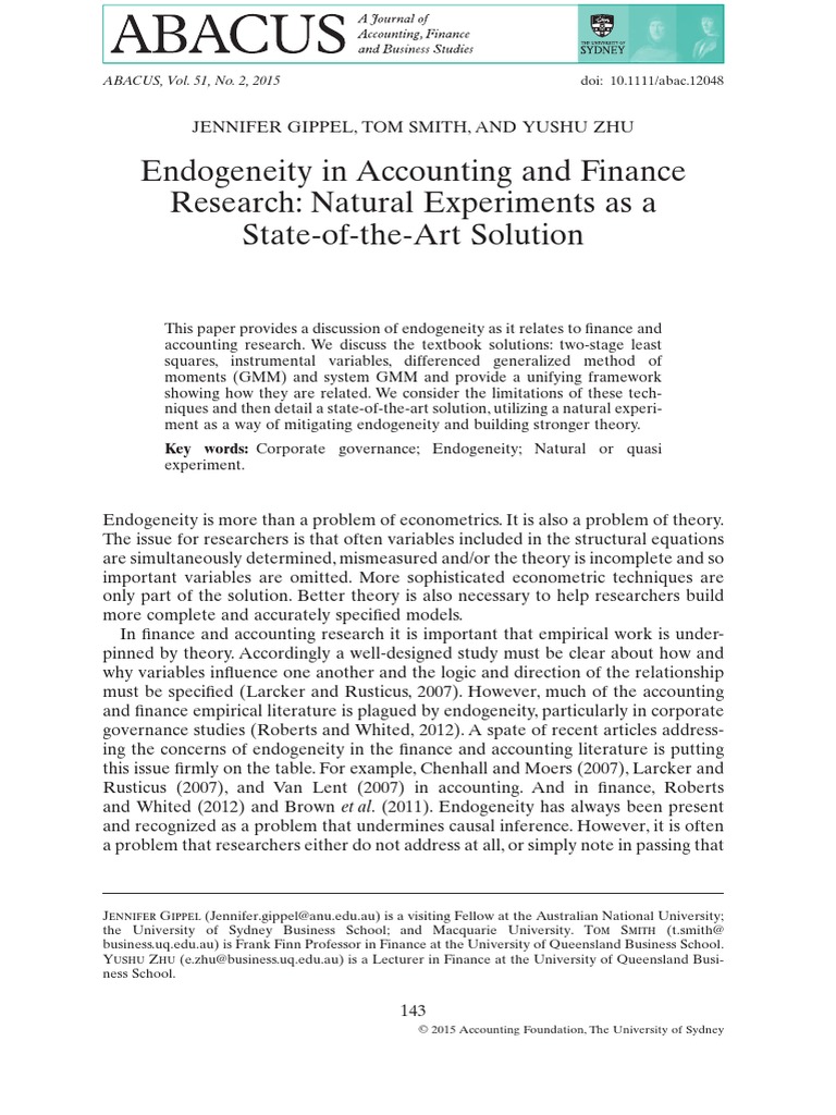 Endogeneity in Accounting and Finance Research Natural Experiments As A State-of-the-Art ...