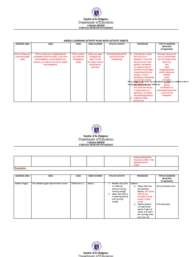 Weekly Learning Activity Plan for Siargao | PDF | Learning | Behavior ...
