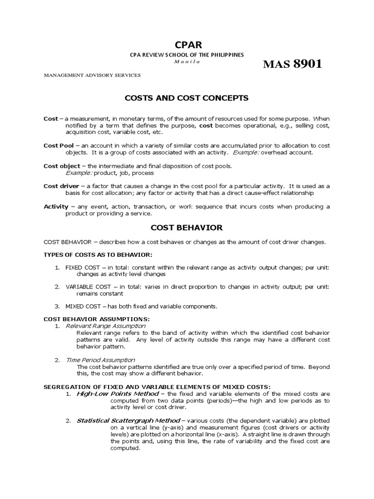 Cpar MAS: Costs and Cost Concepts | PDF | Regression Analysis | Linear Regression