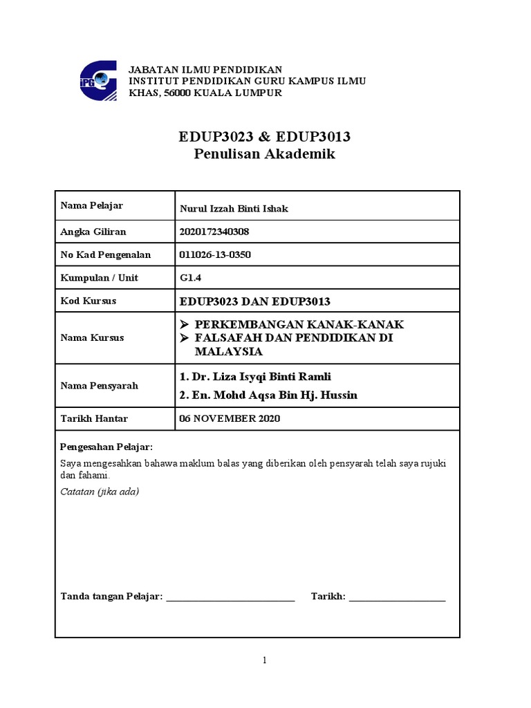 G1.4 Nurul Izzah Binti Ishak Tugasan NPDL EDUP3013 EDUP3023 | PDF