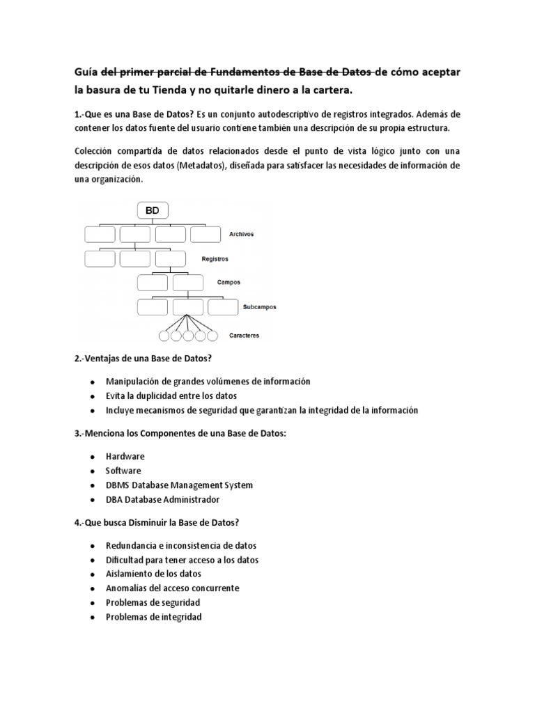 Guía Del Primer Parcial de Fundamentos de Base de Datos | PDF | Bases de datos | Tecnologías de ...