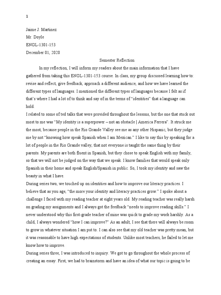 Semester Reflection | PDF | Essays | Teachers