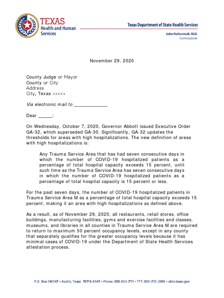 DSHS Letter To County Judge GA-32 50 Percent Occupational Capacity in ...