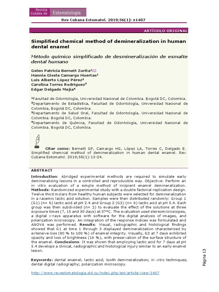 Simplified Chemical Method of Demineralization in Human Dental Enamel ...