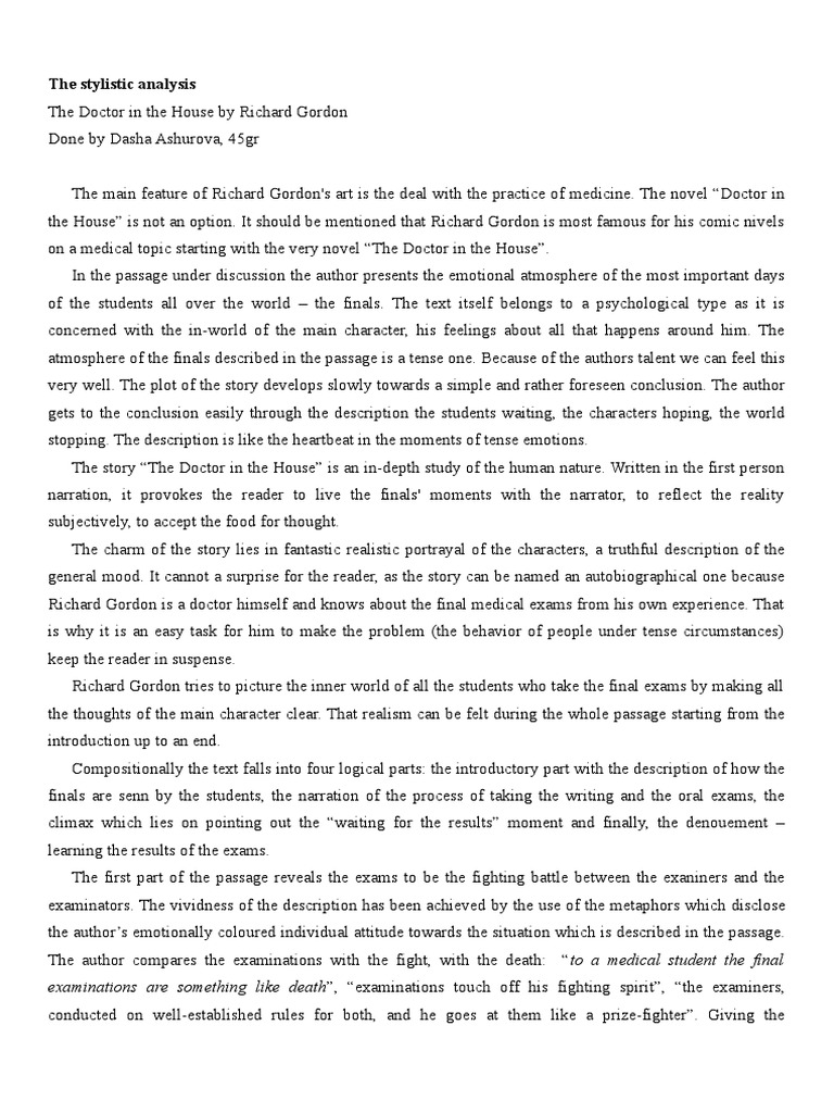 The Stylistic Analysis The Doctor in The House by Richard Gordon | PDF ...